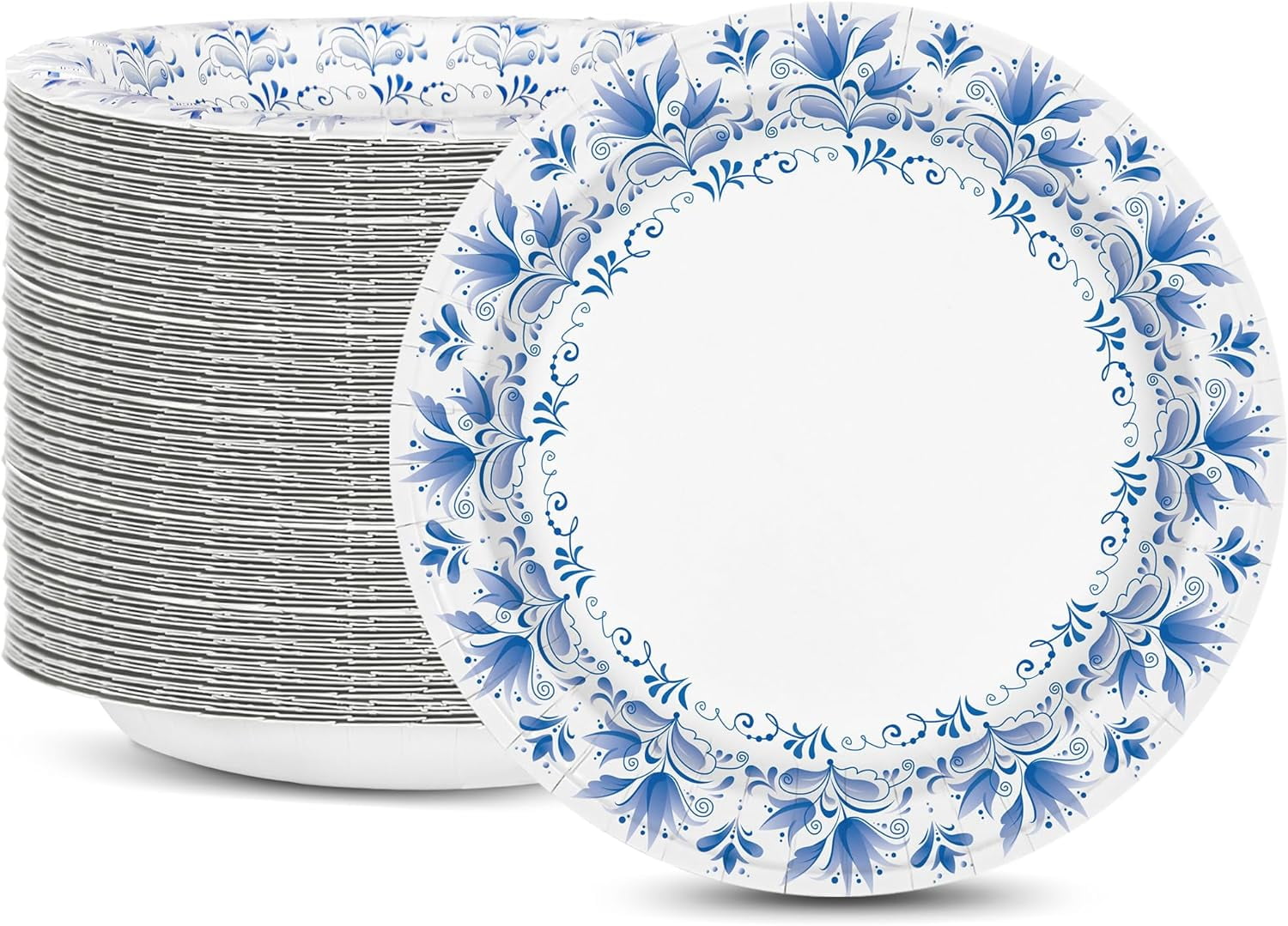 Blue Flower Printed Paper Plates - Bulk 8.5 Inch, 150pcs, Soak & Cut ...