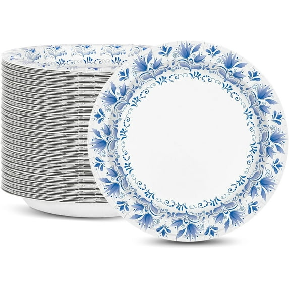 Blue Flower Printed Paper Plates - Bulk 8.5 Inch, 150pcs, Soak & Cut ...