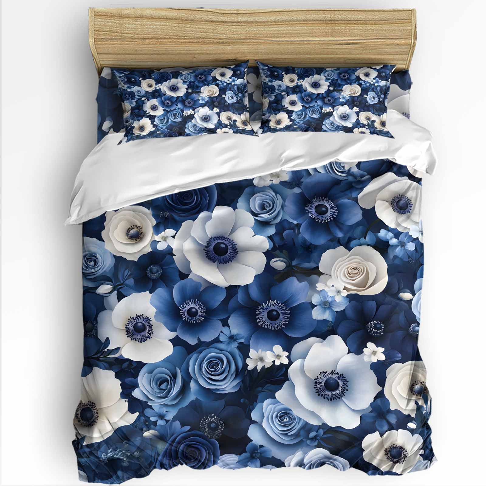 Blue Flower Queen Size Comforter Set, Spring White Floral Pastoral Soft ...