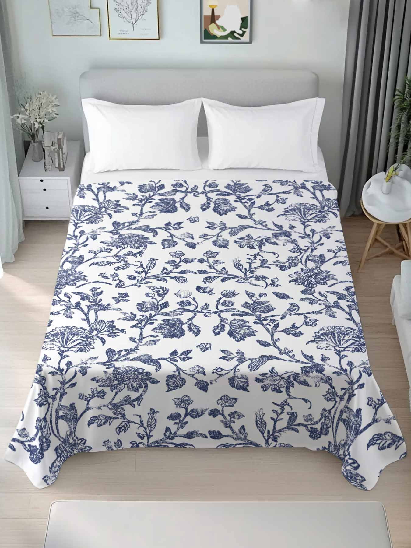 Blue Flower Queen Size Flat Sheet, Wrinkleproof & Fadeproof Cooling ...