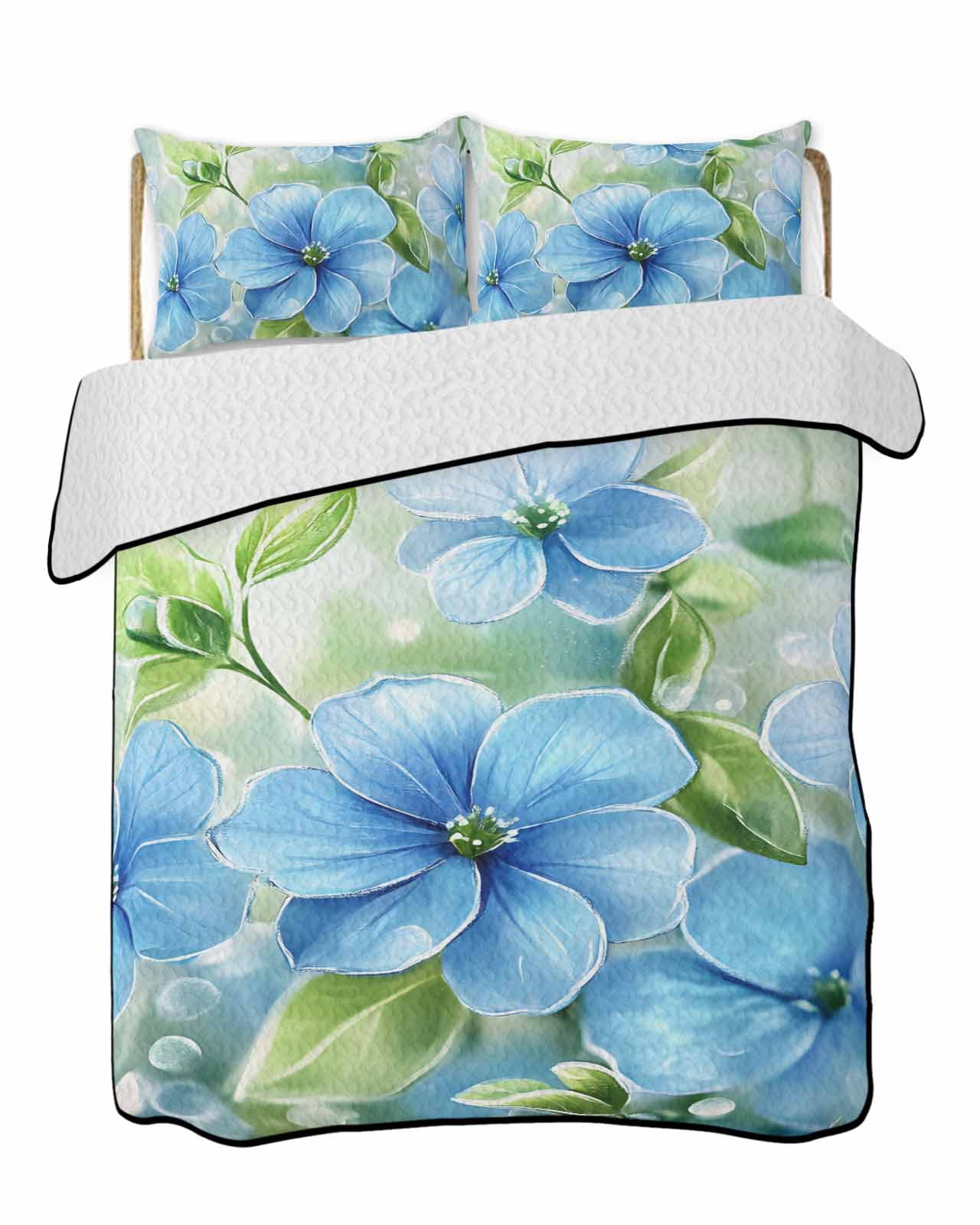 Blue Flower Quilts Bedding Set King Size Spring Green Leaf Watercolor ...