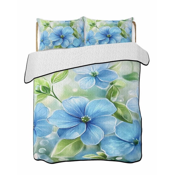 Blue Flower Quilts Bedding Set King Size Spring Green Leaf Watercolor ...