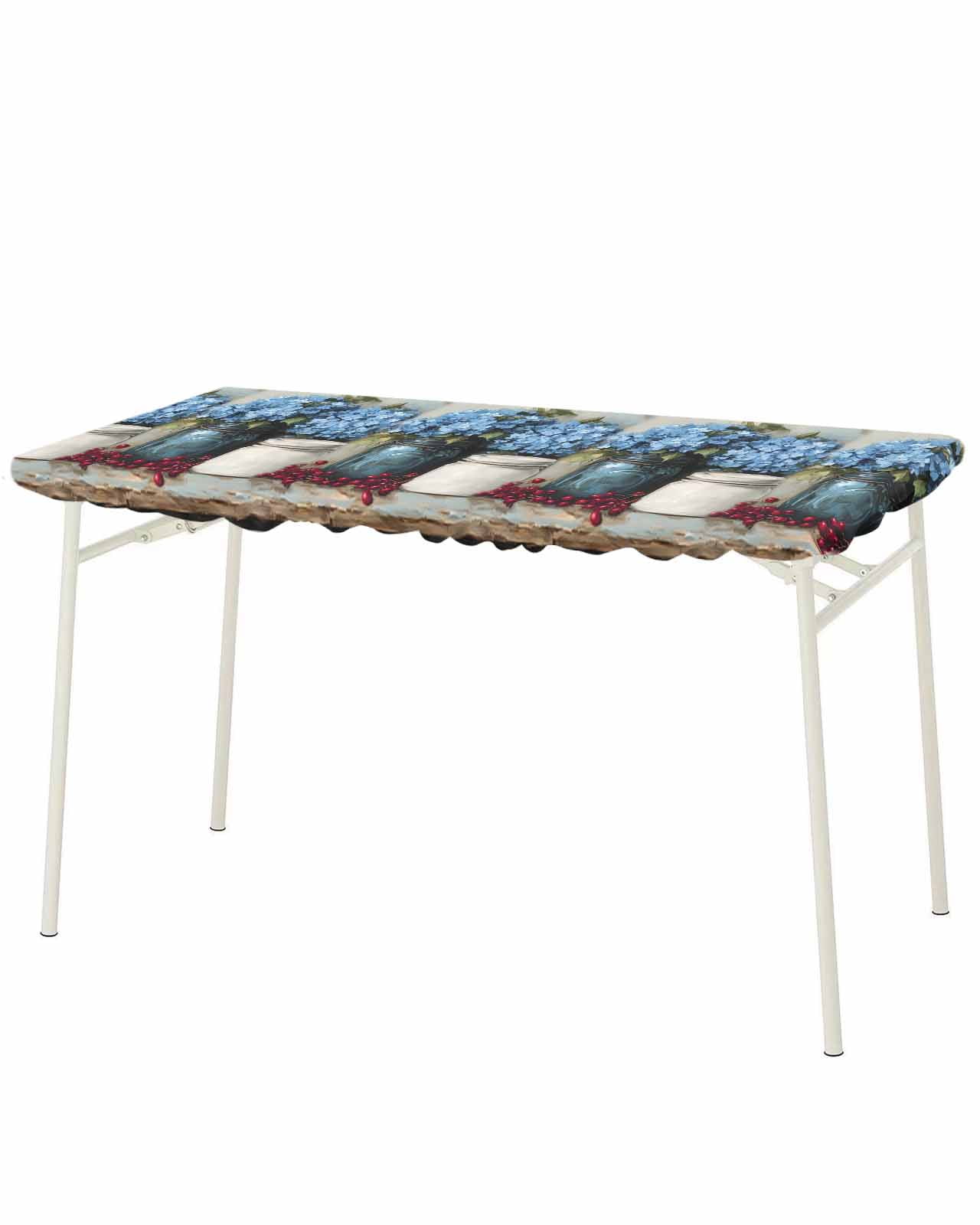 Blue Flower Rectangle Tablecloth, Waterproof Elastic Fitted Table ...