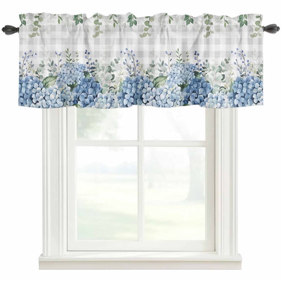Blue Flower Rod Pocket Curtain Valance, Grey Plaid Hydrangeas ...
