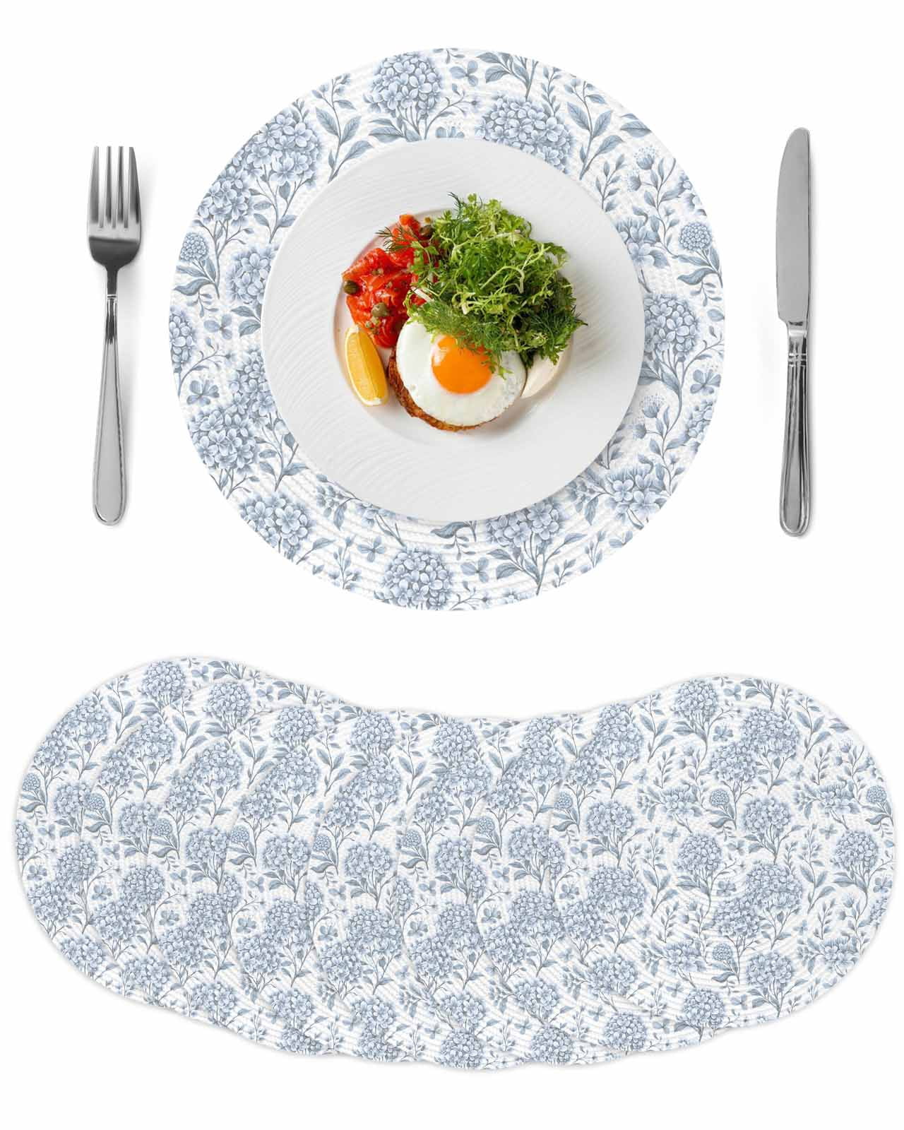 Blue Flower Round 13 Inch Placemats Set of 8, Botanical Floral Vintage ...