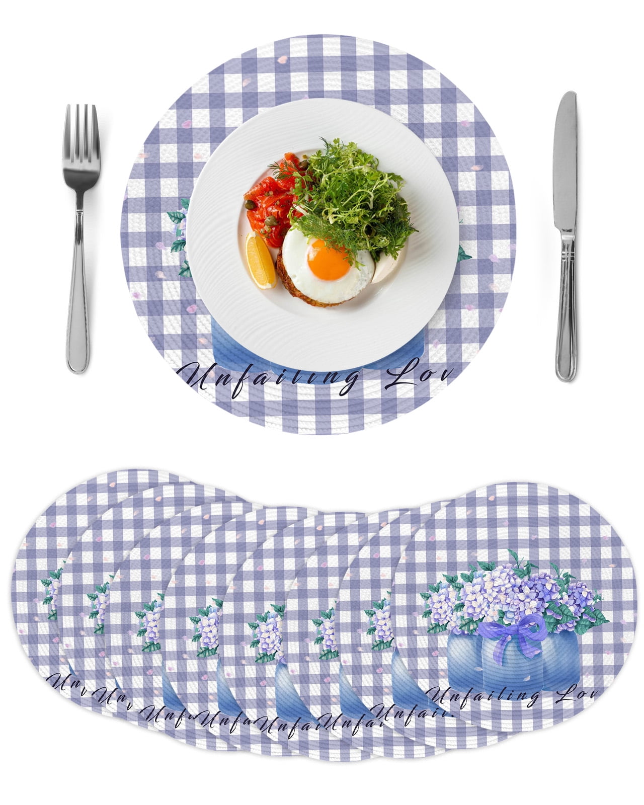 Blue Flower Round 13 Inch Placemats Set of 8, Green Leaves Rustic Plaid ...