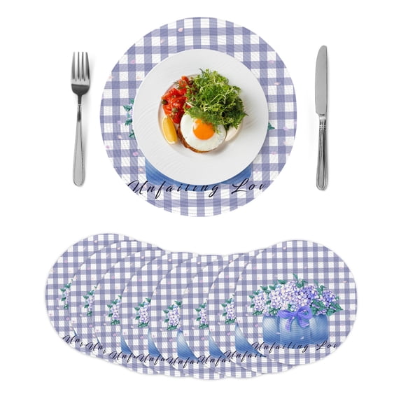 Blue Flower Round 13 Inch Placemats Set of 8, Green Leaves Rustic Plaid ...