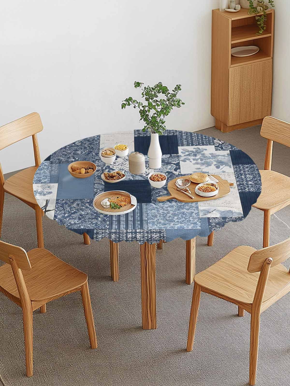 Blue Flower Round Fitted Tablecloth with Elastic Edge, Retro Watercolor ...