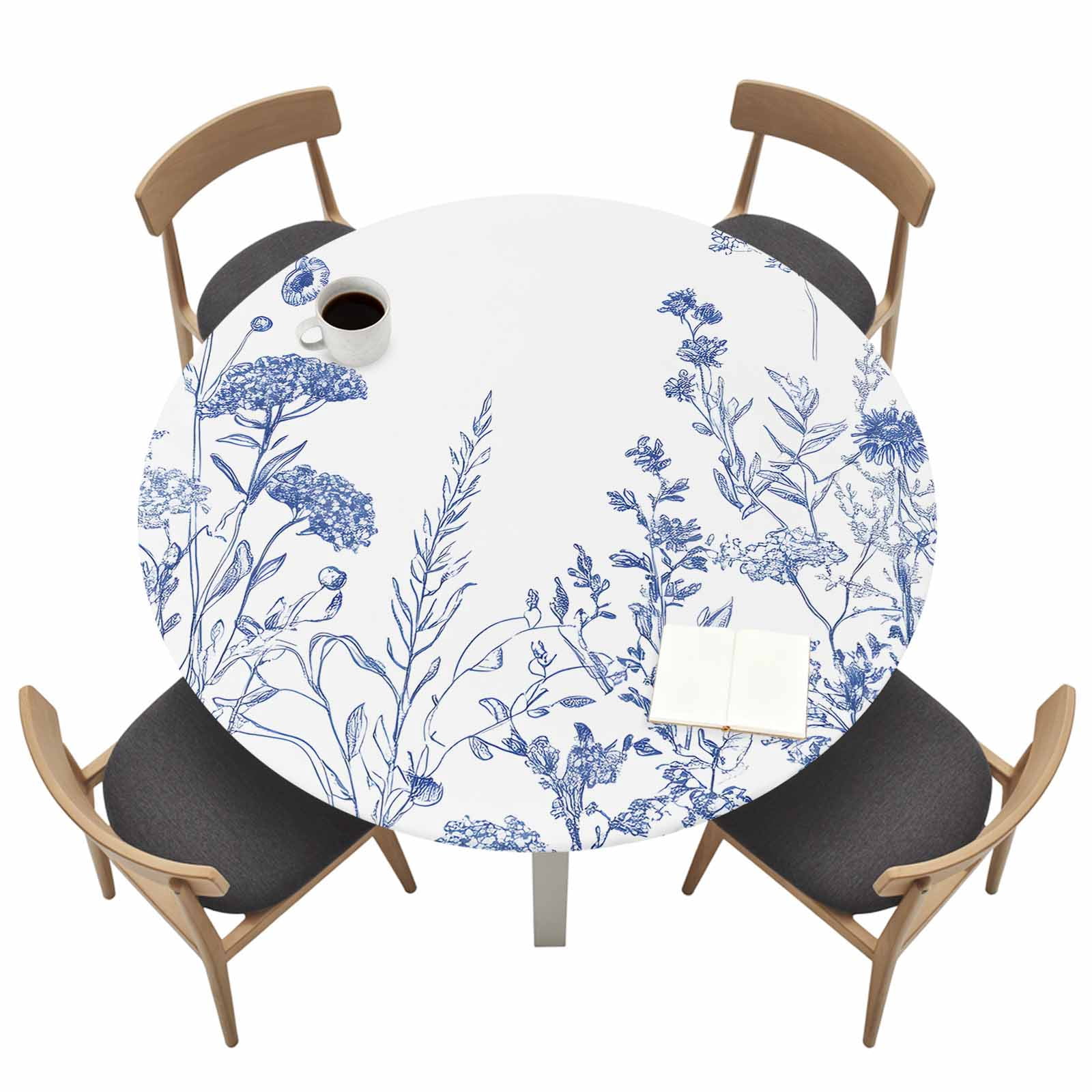 Blue Flower Round Fitted Tablecloth Spring Wildflowers Blue White Line ...