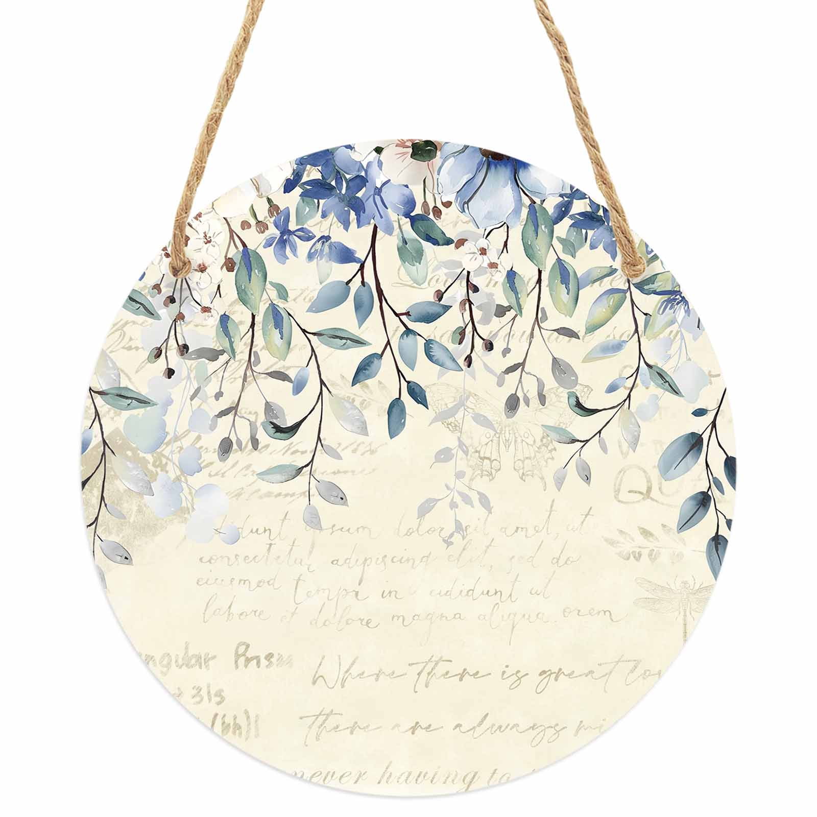 Blue Flower Round Front Door Welcome Sign, 5.9 Inch Wall Hanging Decor ...