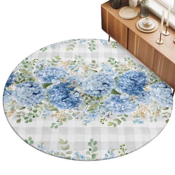 Blue Flower Round Rug 3ft Summer Country Hydrangea Floral Grey Plaid ...