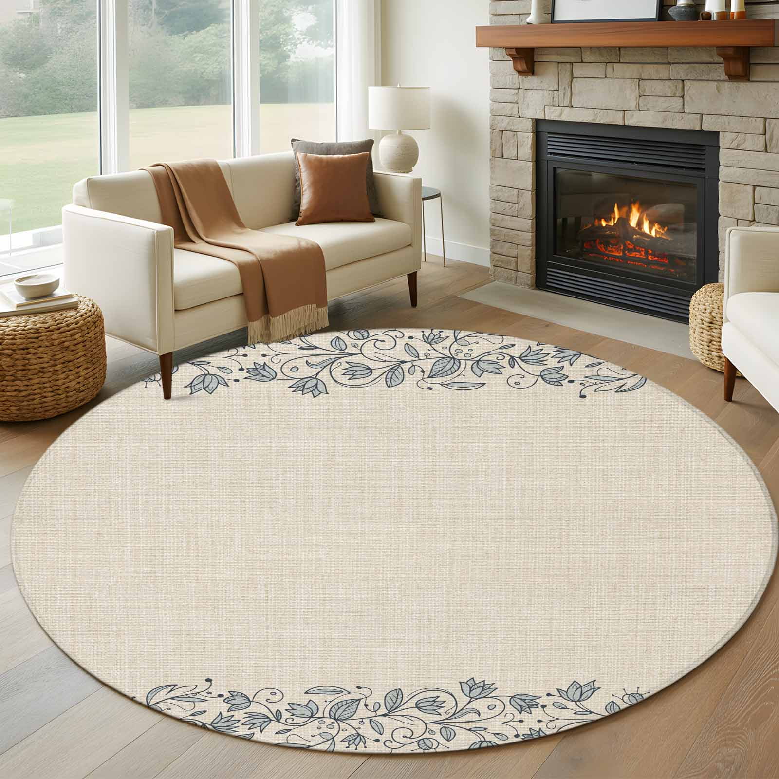 Blue Flower Round Rug 8ft Washable Circle Rugs Non Slip Spring ...