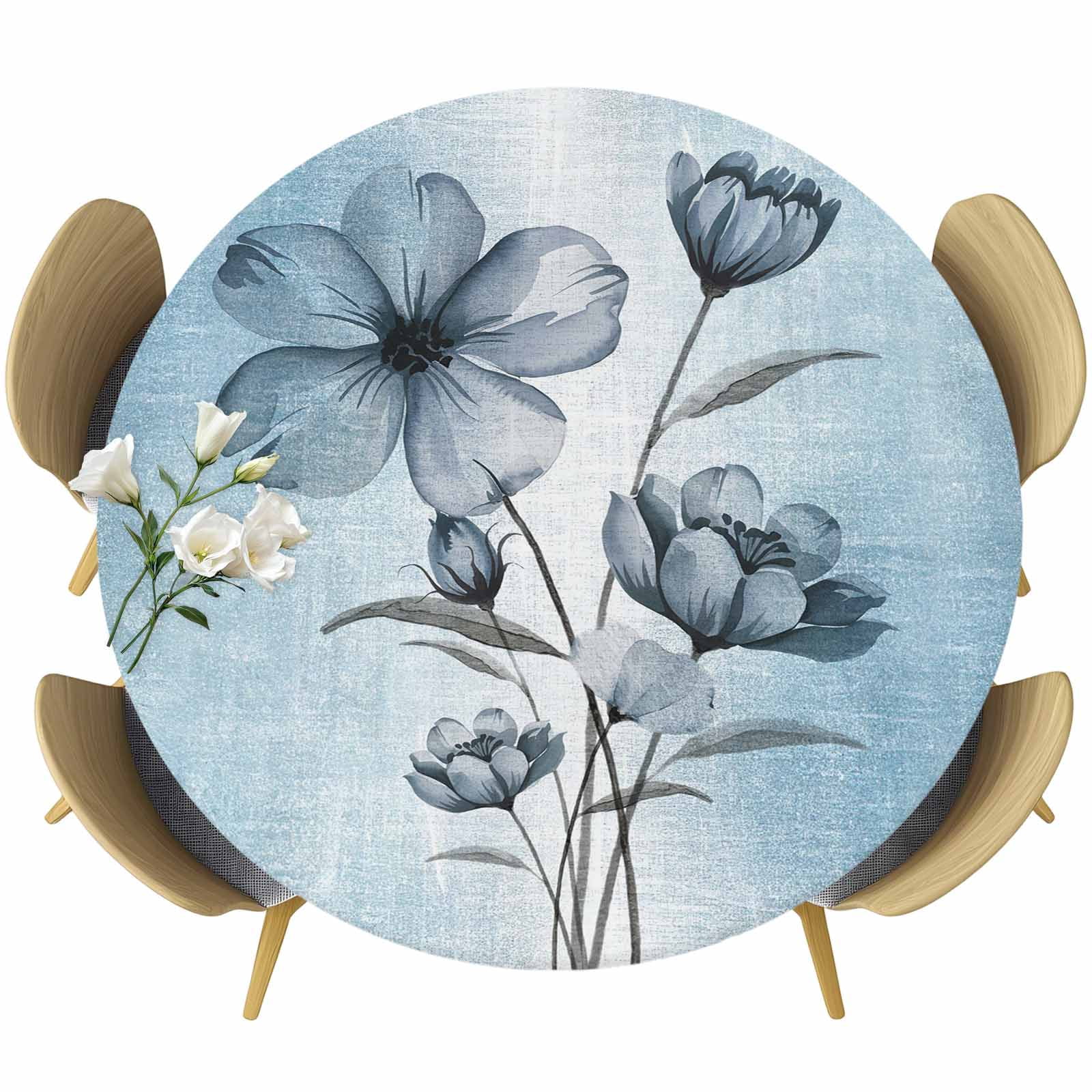 Blue Flower Round Tablecloth 36-44 Inch Round Fitted Table Cloth with ...