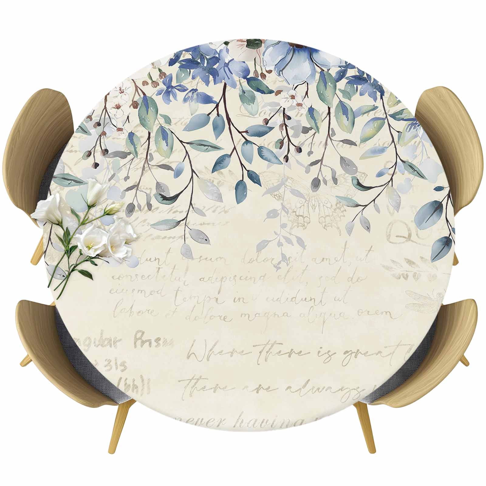 Blue Flower Round Tablecloth, Fitted Table Cover with Elastic for 36 ...
