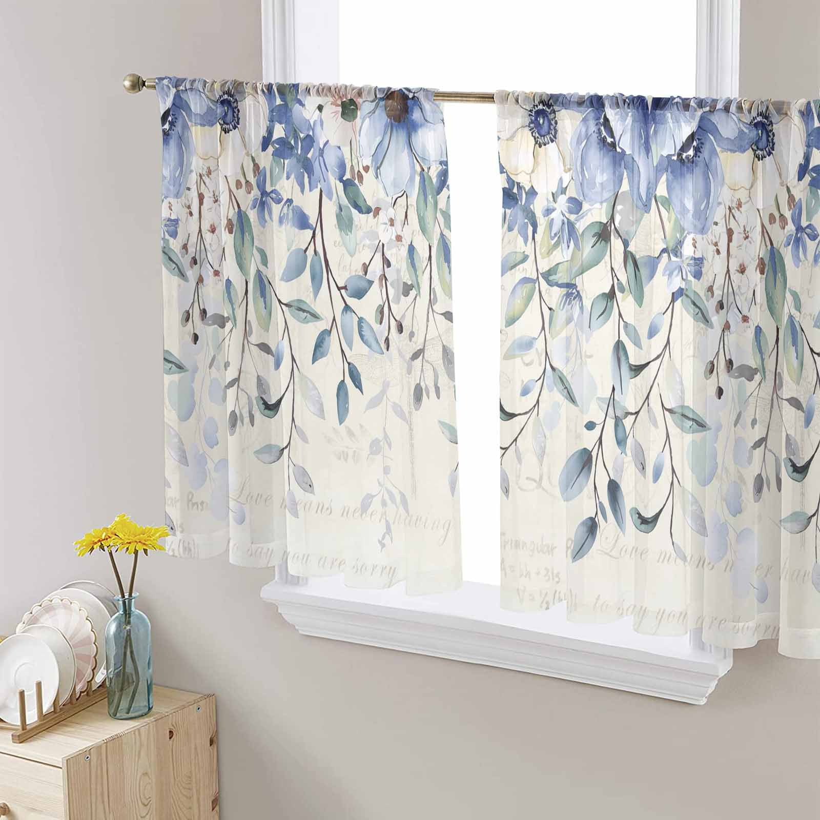 Blue Flower Semi Sheer Curtains 54 Inch Length 2 Panels Set, Farmhouse ...