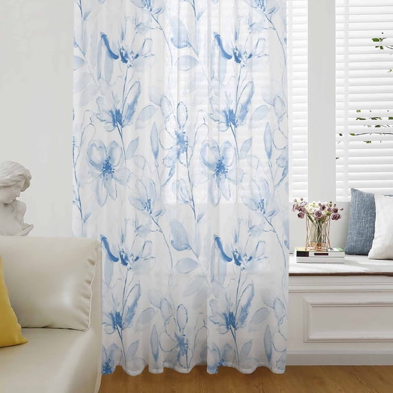 Blue Flower Semi Sheer Curtains Drapes for Living Room,Bedroom,French ...