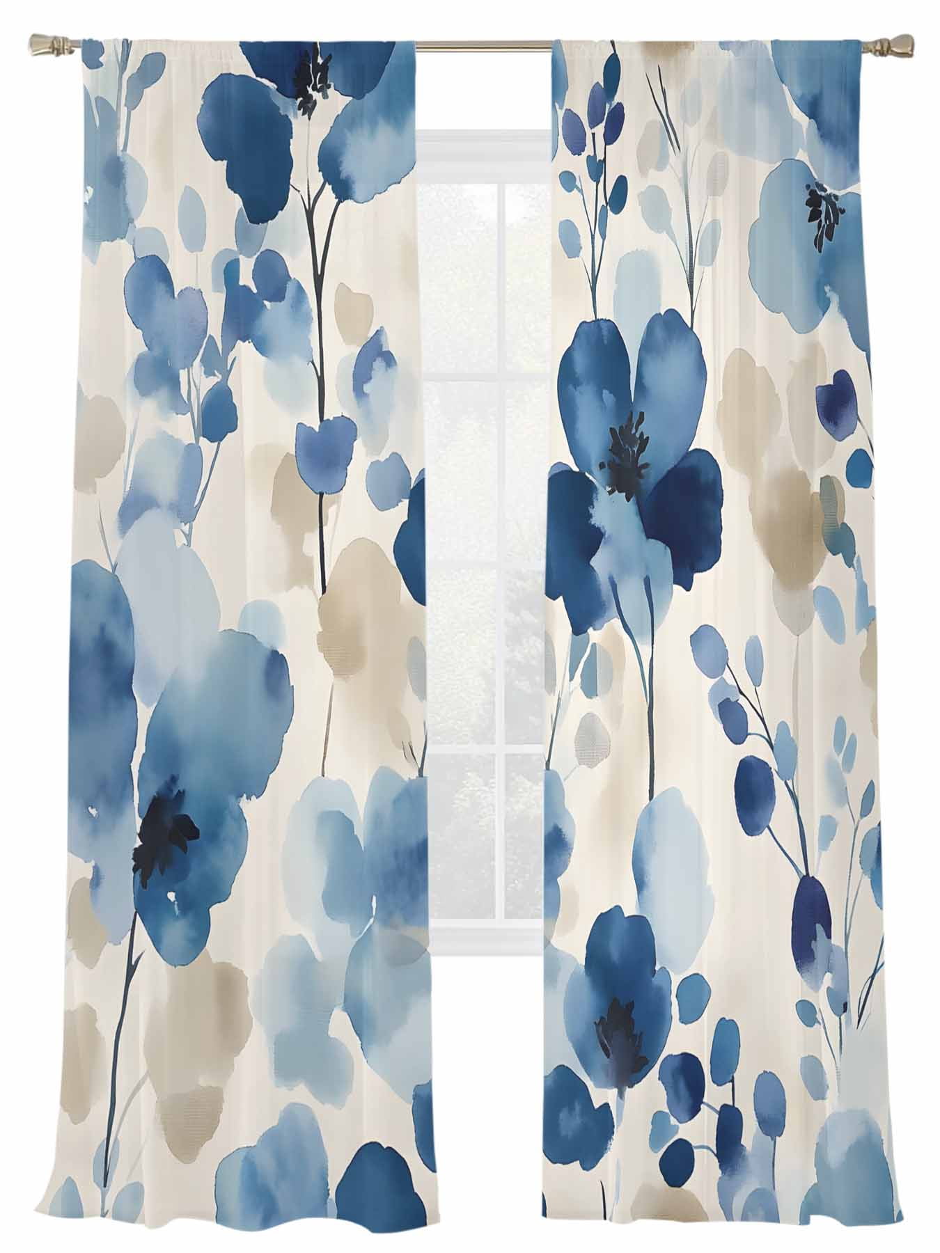 Blue Flower Sheer Curtains 2 Panels Set Pastoral Plant Watercolor ...