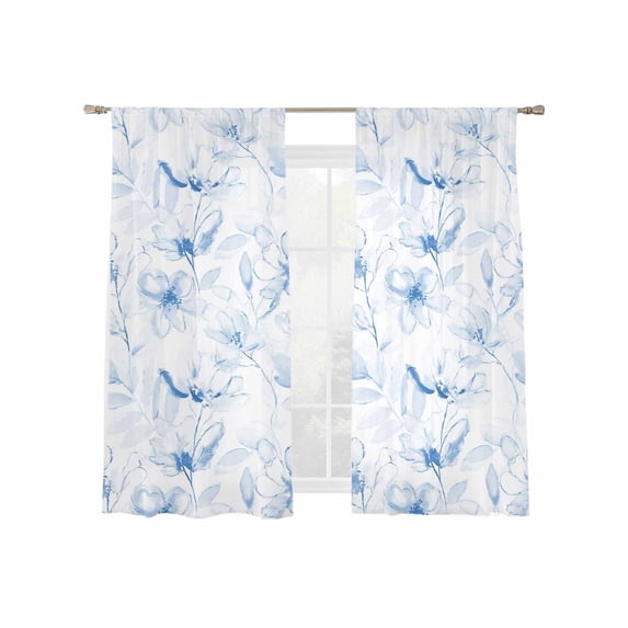 Blue Flower Sheer Curtains 2 Panels Set Retro Abstract Art Watercolor ...
