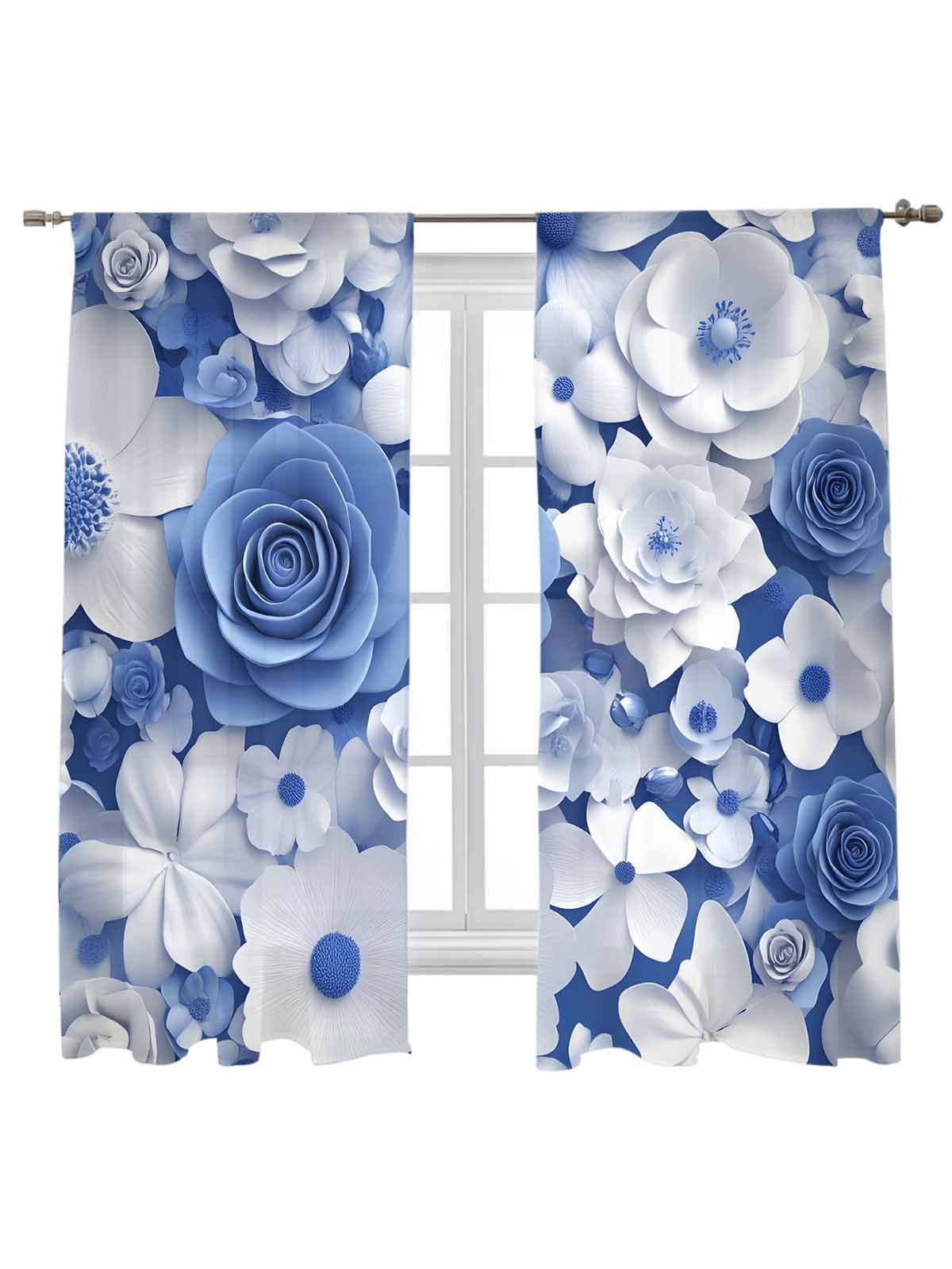 Blue Flower Sheer Curtains 2 Panels Set Spring Pastoral White Floral ...