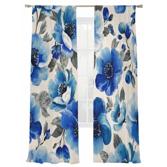 Blue Flower Sheer Curtains 2 Panels Set Watercolor Gradient Blue White ...