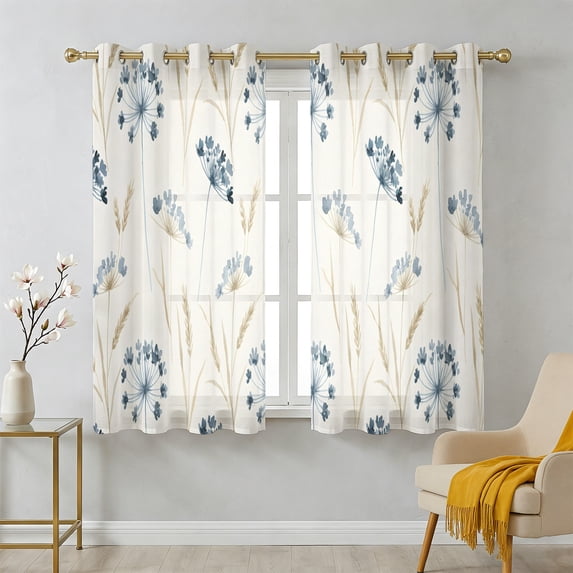 Blue Flower Sheer Curtains 45 Inch Long 2 Panels, Gold Wheat Country ...