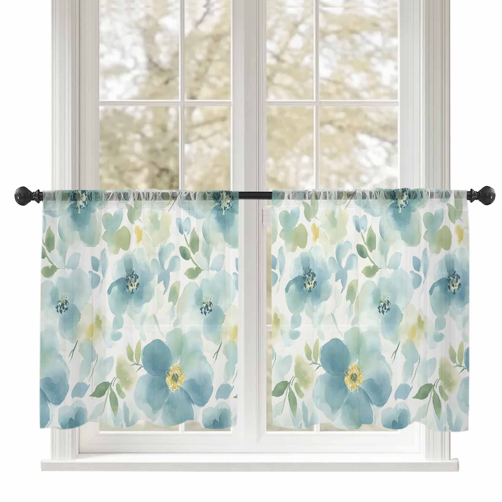 Blue Flower Sheer Curtains 54 inches Long, Watercolor Spring Floral ...