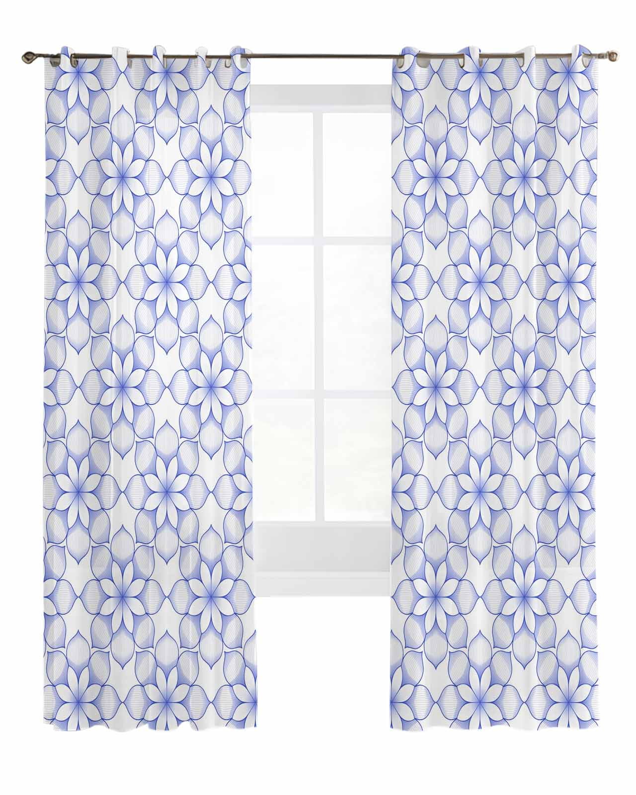 Blue Flower Sheer Curtains 63 Inch Length 2 Panels Retro Tribal Art ...