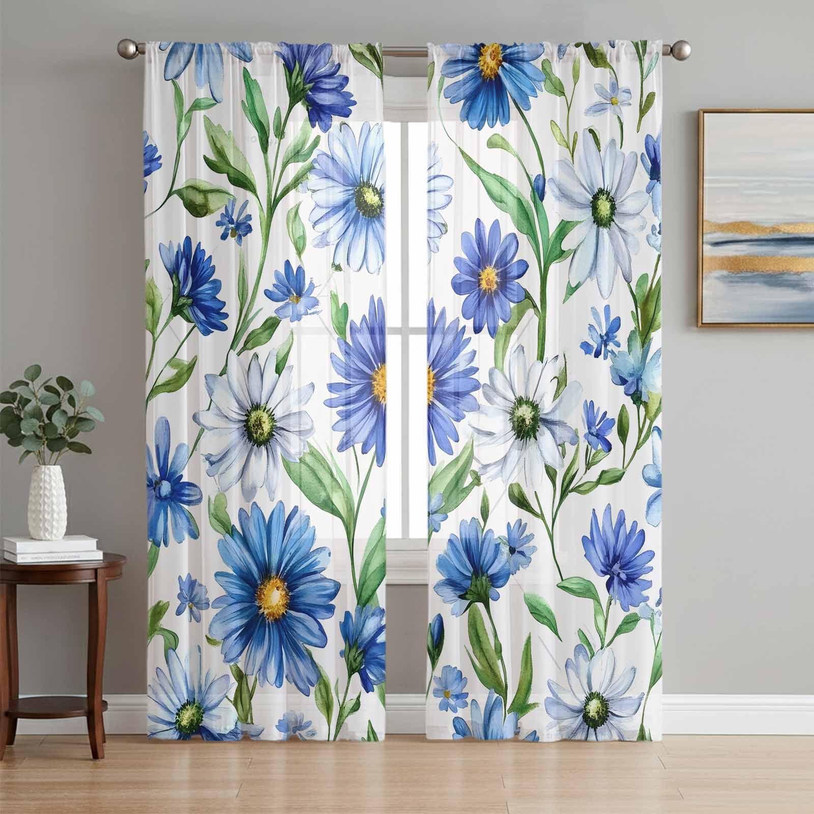 Blue Flower Sheer Curtains 63 Inch Length 2 Panels Set, Gradient Daisy ...