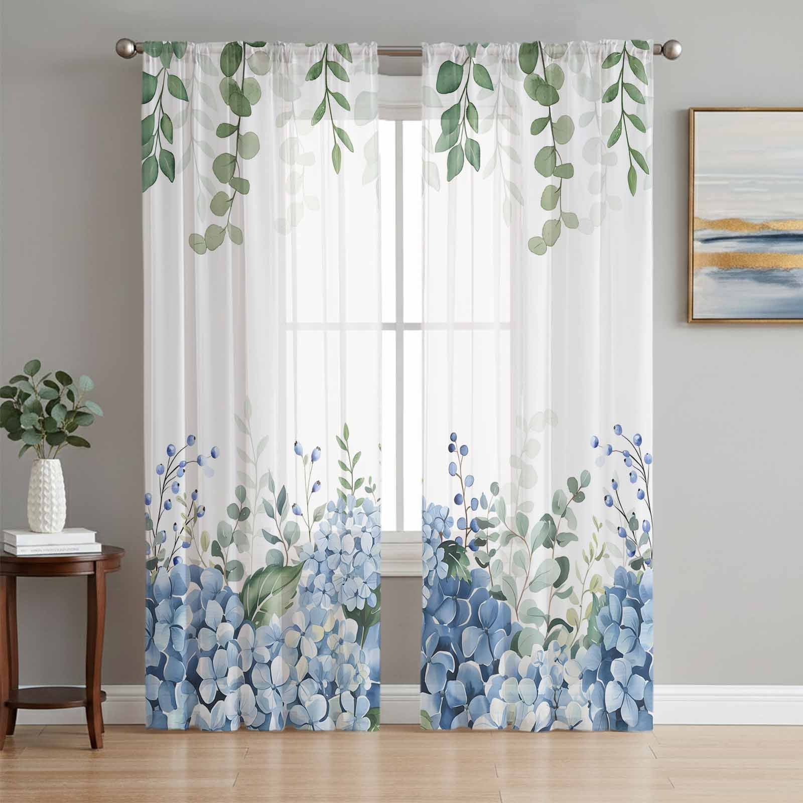 Blue Flower Sheer Curtains 63 Inch Length 2 Panels Set, Sage Green ...