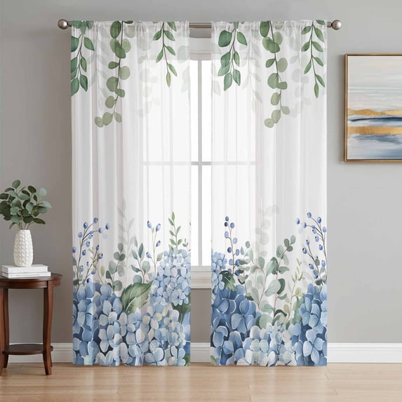 Blue Flower Sheer Curtains 63 Inch Length 2 Panels Set, Sage Green ...