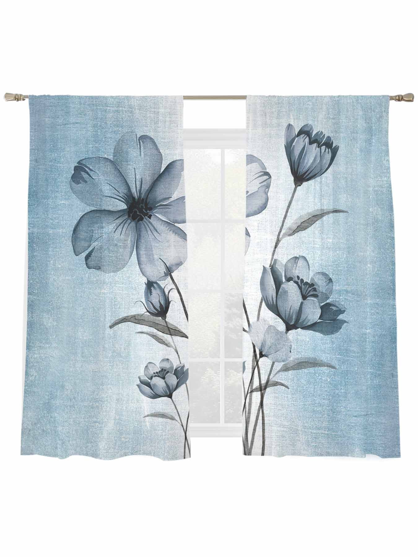 Blue Flower Sheer Curtains 63 Inch Length 2 Panels Set, Semi Transparent Voile Rod Pocket ...