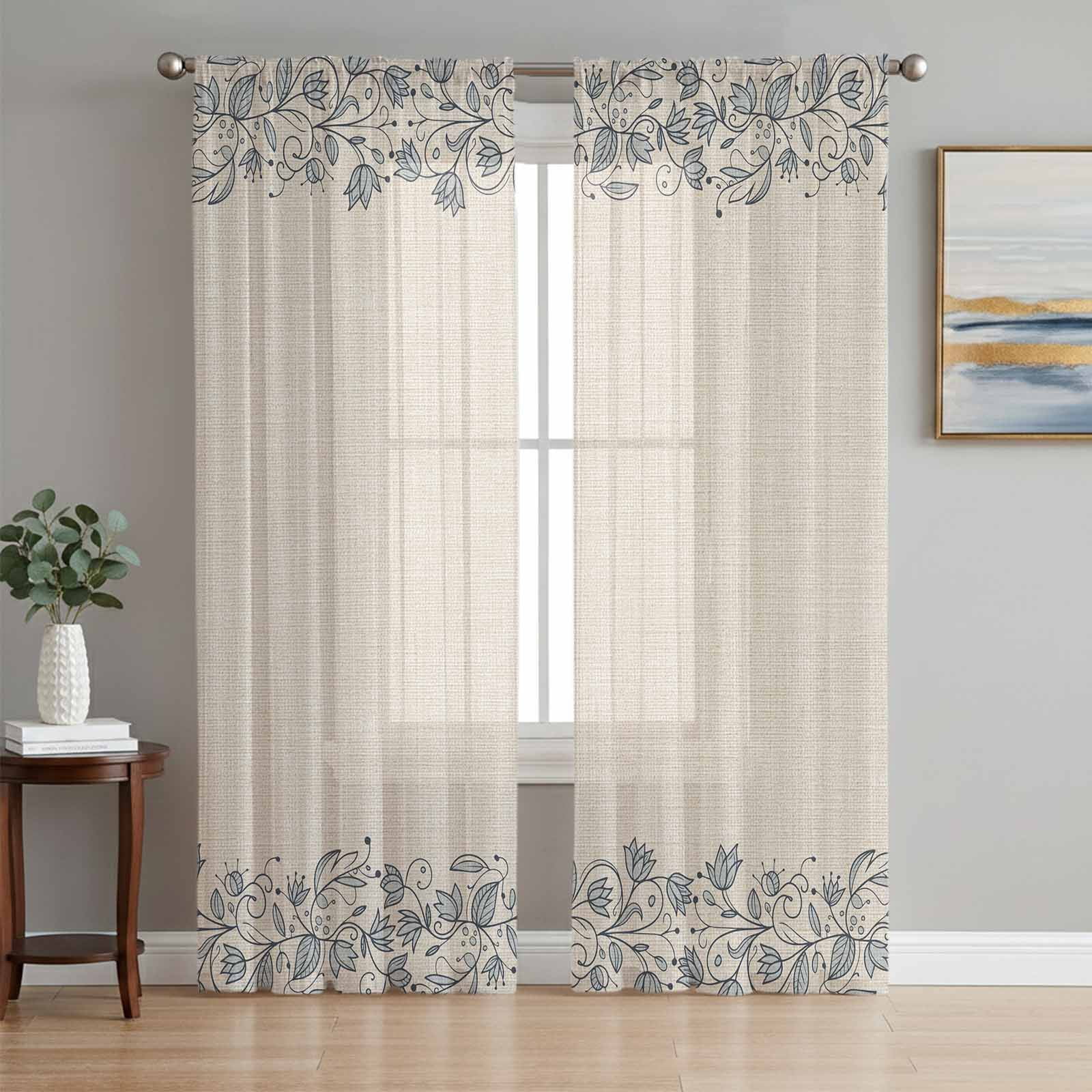 Blue Flower Sheer Curtains 63 Inch Length 2 Panels Set, Spring ...