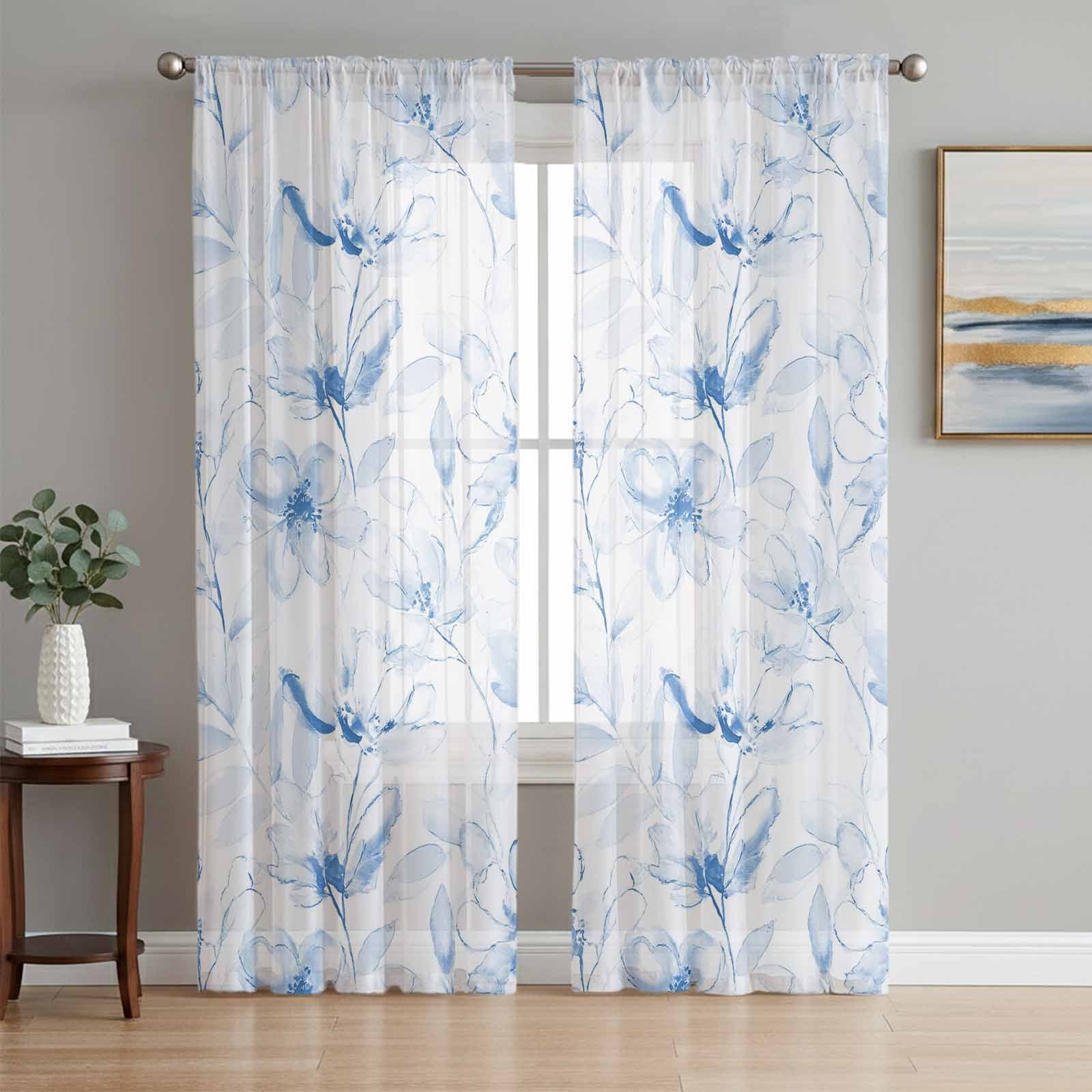 Blue Flower Sheer Curtains 63 Inch Length 2 Panels Set, Watercolor ...