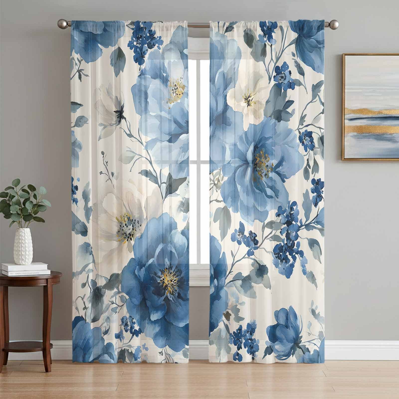 Blue Flower Sheer Curtains 72 Inch Length 2 Panels Set, White Floral ...