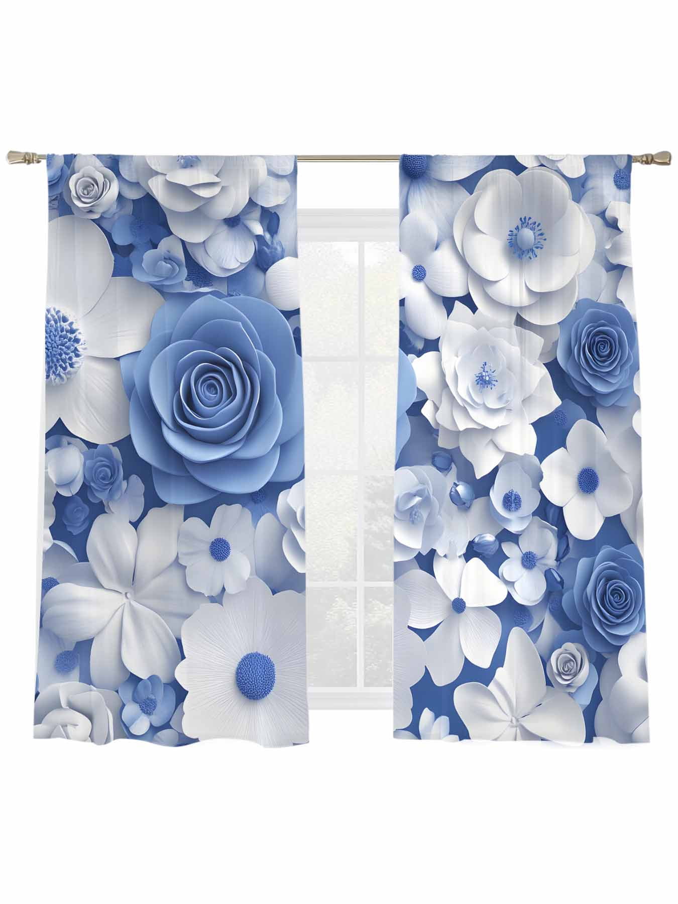 Blue Flower Sheer Curtains 72 inches Long, Spring Pastoral White Floral ...