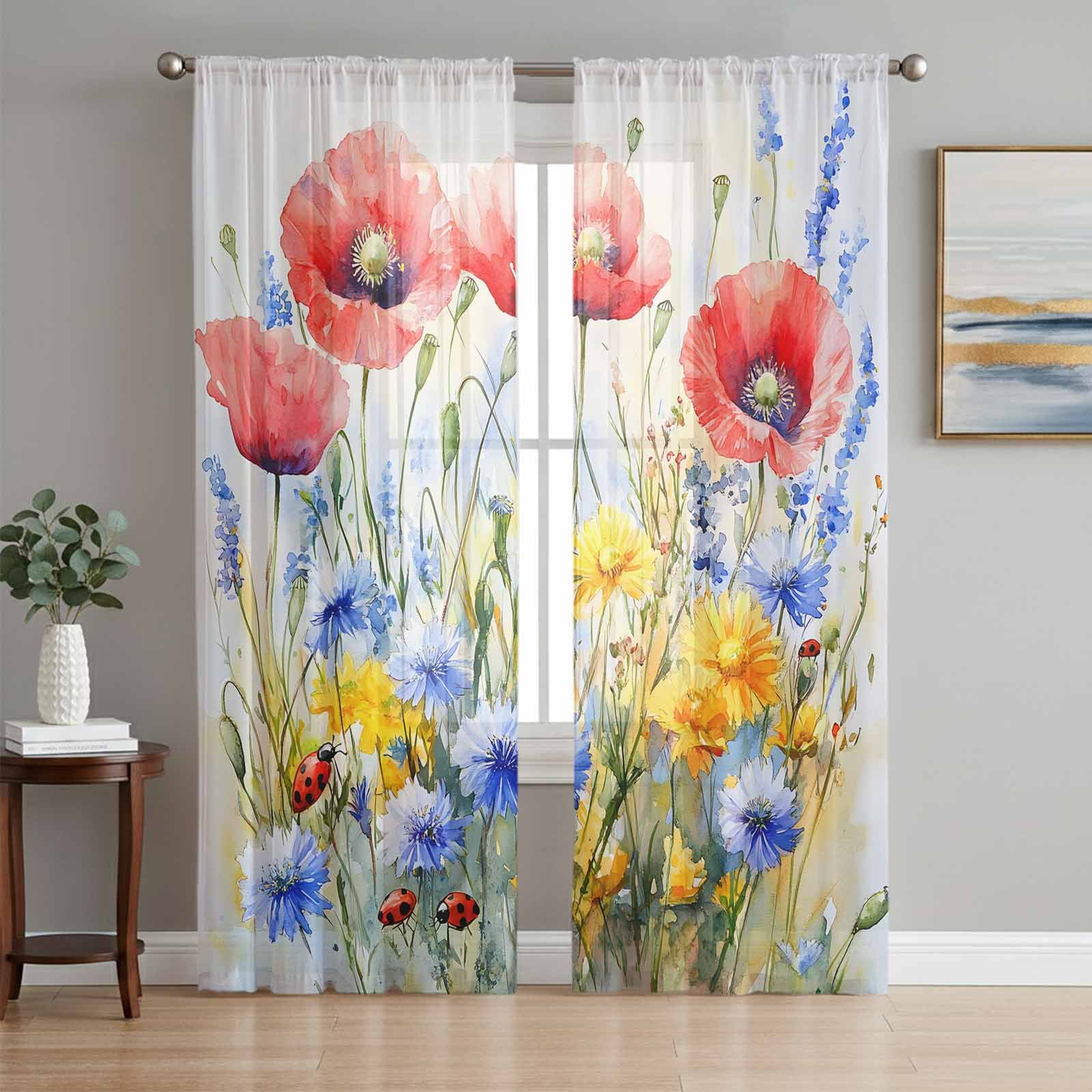 Blue Flower Sheer Curtains 84 Inch Length 2 Panels Set, Patriotic Red ...