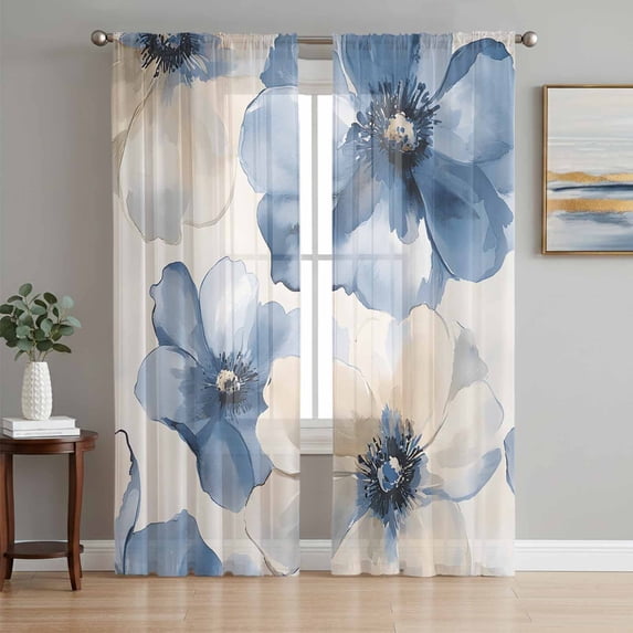 Blue Flower Sheer Curtains 84 Inch Length 2 Panels Set, Watercolor ...