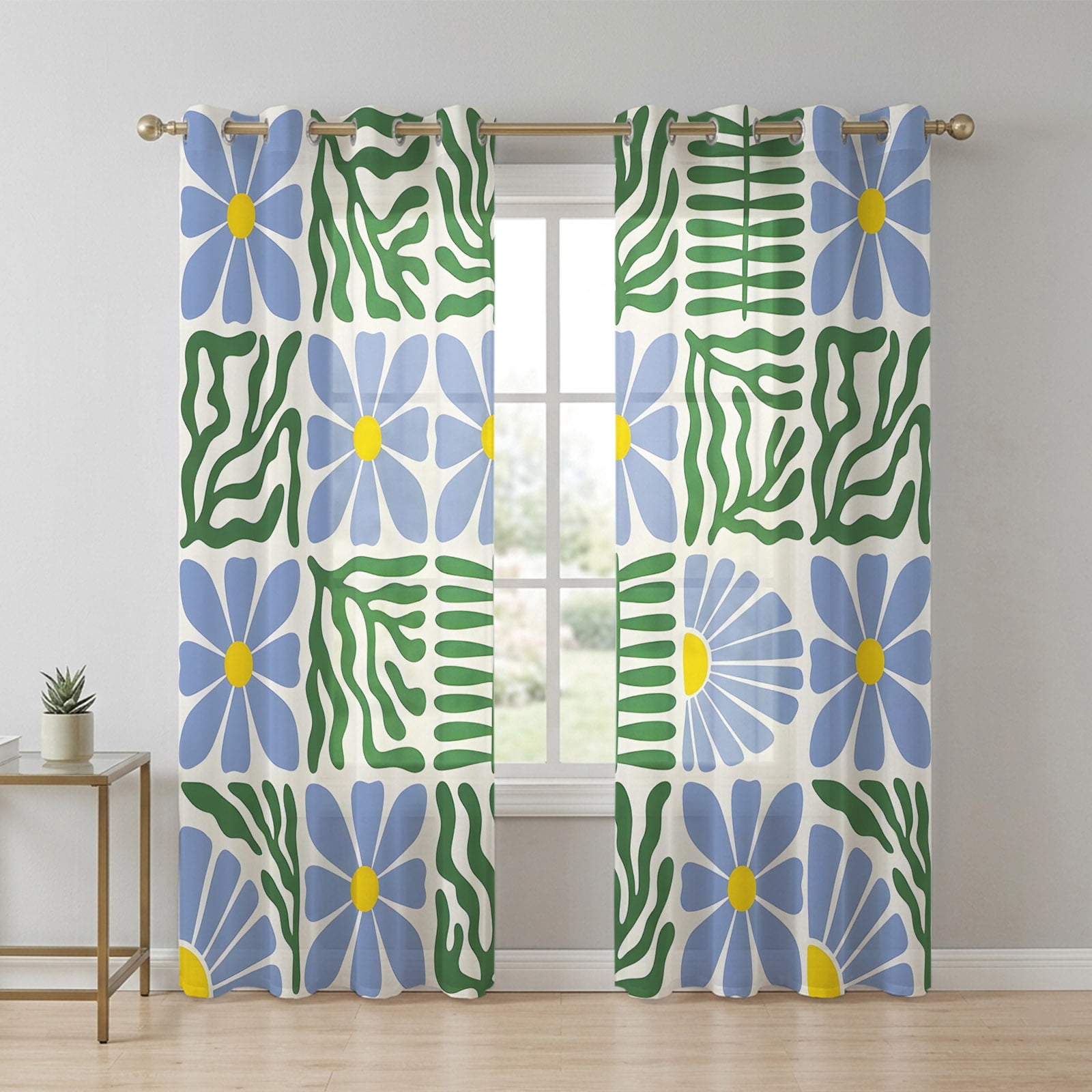 Blue Flower Sheer Curtains 90 Inch Long 2 Panels, Green Curve Abstract ...