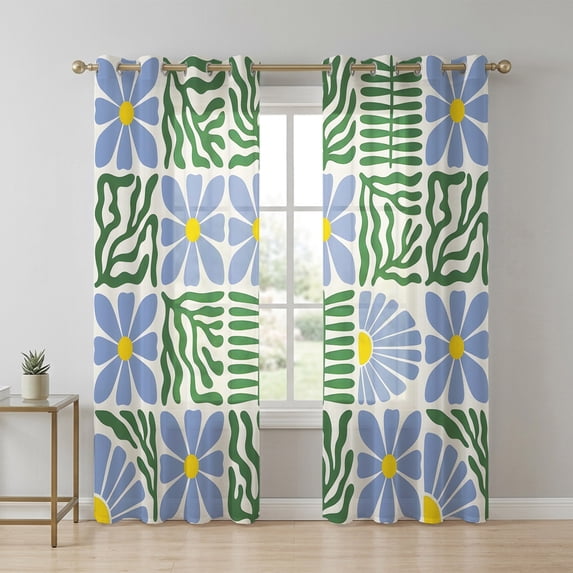 Blue Flower Sheer Curtains 90 Inch Long 2 Panels, Green Curve Abstract ...