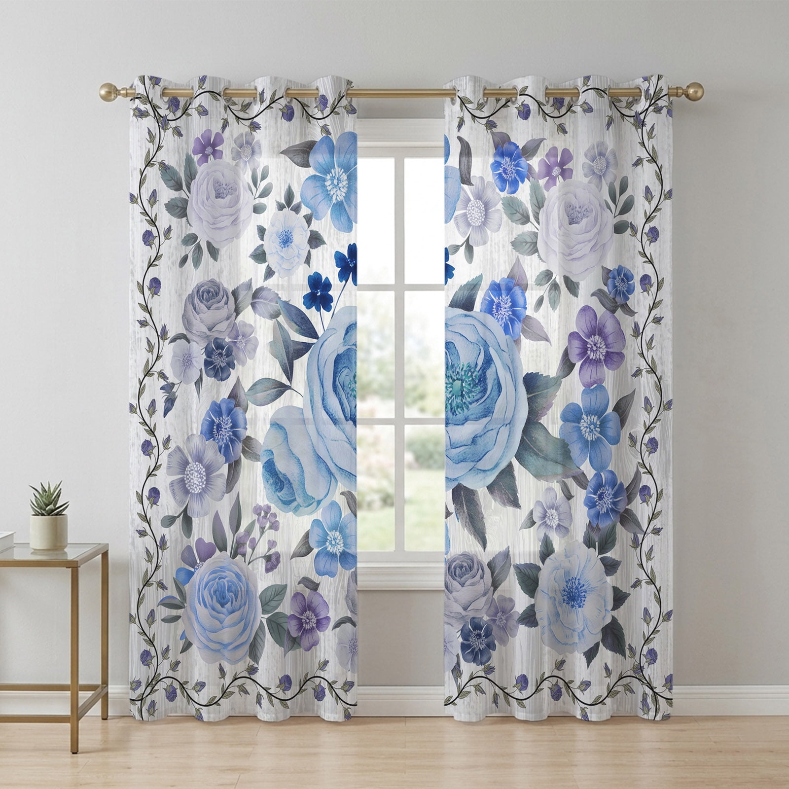Blue Flower Sheer Curtains 90 Inch Long 2 Panels, Spring Retro Blue ...