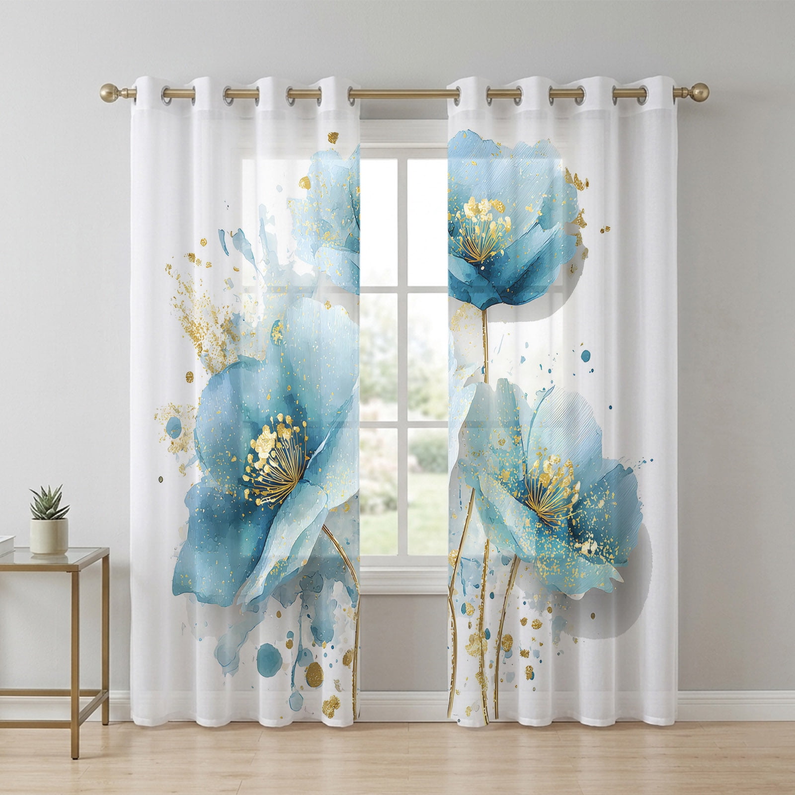 Blue Flower Sheer Curtains 90 Inch Long 2 Panels, Watercolor Floral ...
