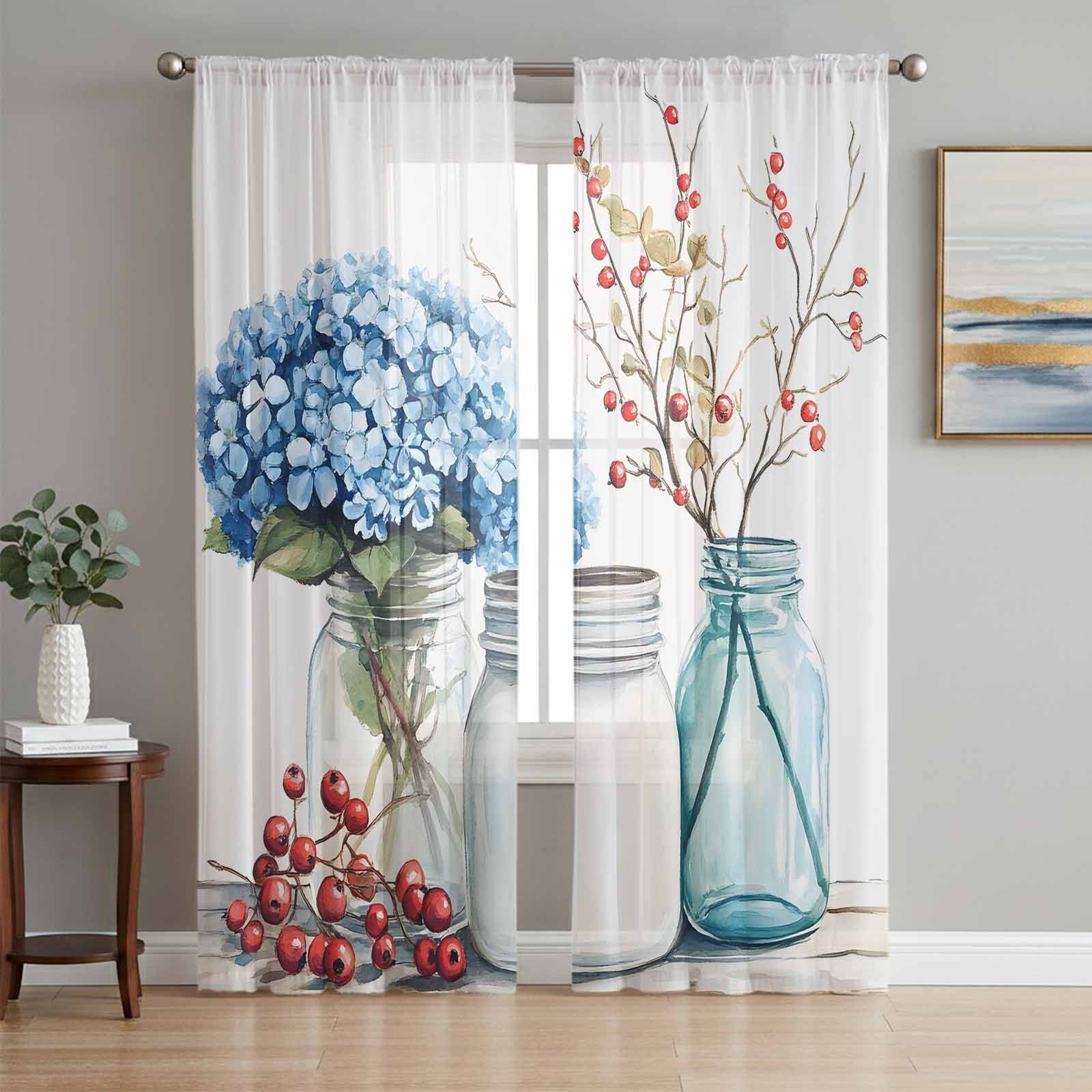 Blue Flower Sheer Curtains 96 Inch Length 2 Panels Set, Hydrangeas ...