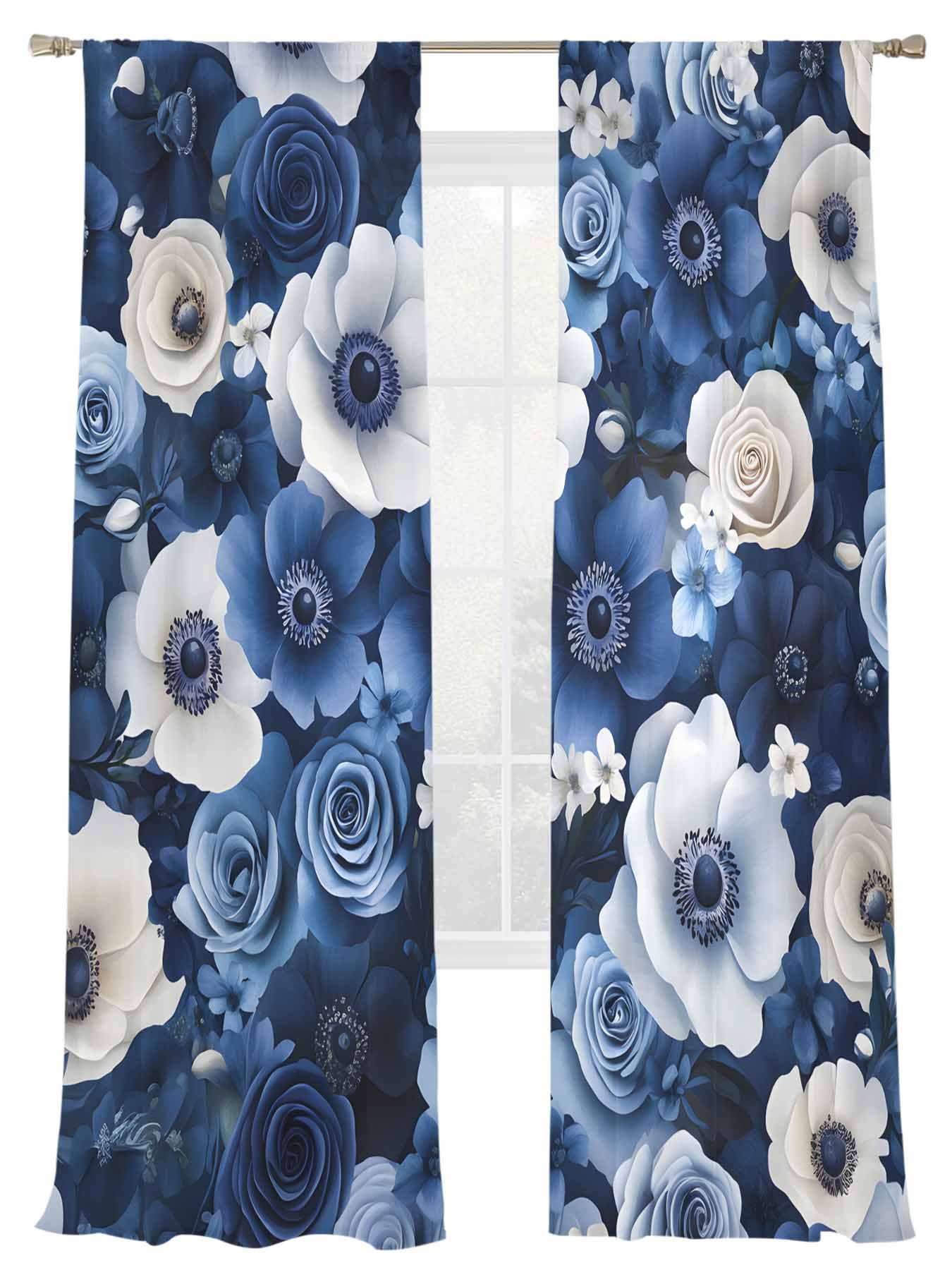 Blue Flower Sheer Curtains 96 Inch Long 2 Panels, Spring White Floral ...