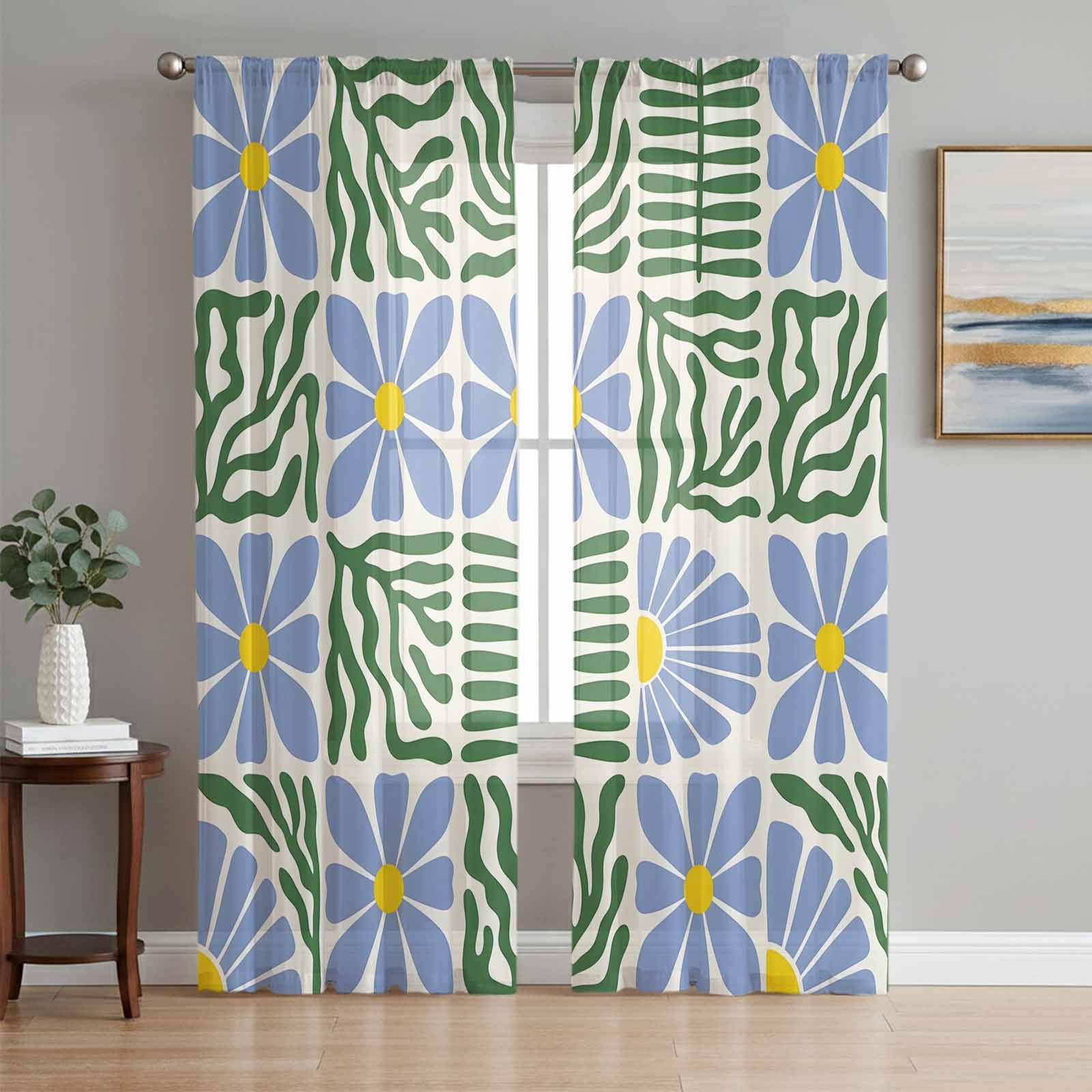 Blue Flower Sheer Curtains for Living Room Bedroom, Green Curve ...