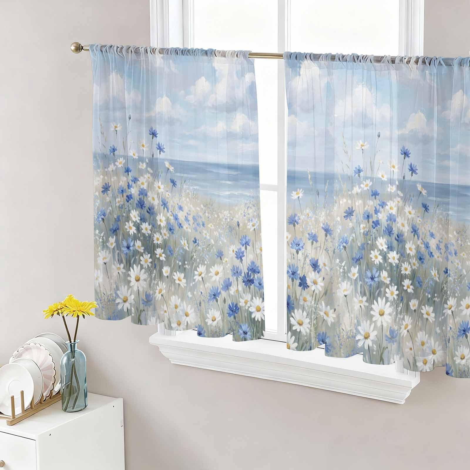 Blue Flower Sheer Curtains for Living Room Bedroom Pastoral Daisy ...