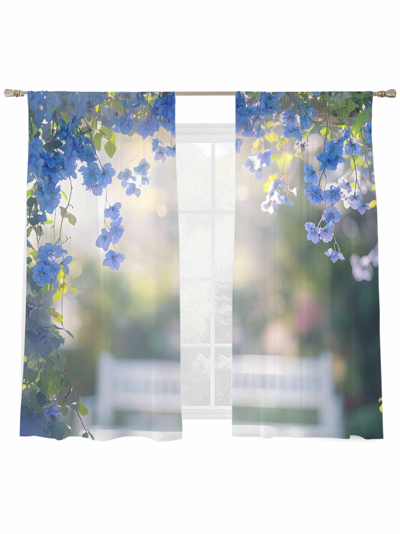 Blue Flower Sheer Curtains for Living Room Bedroom, Spring Floral Leaf ...