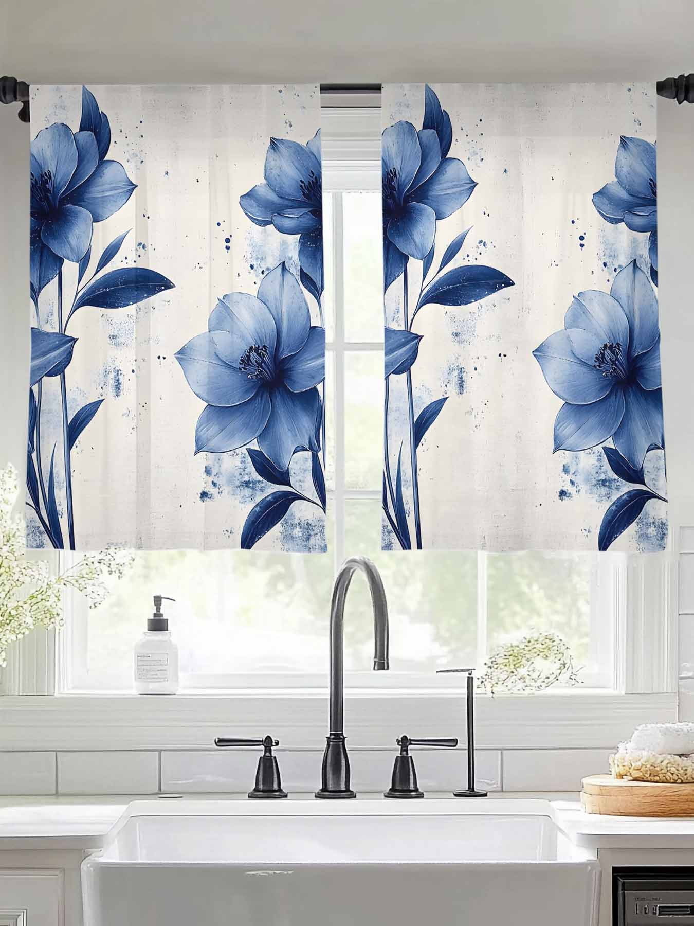 Blue Flower Sheer Curtains for Living Room Bedroom Spring Summer ...