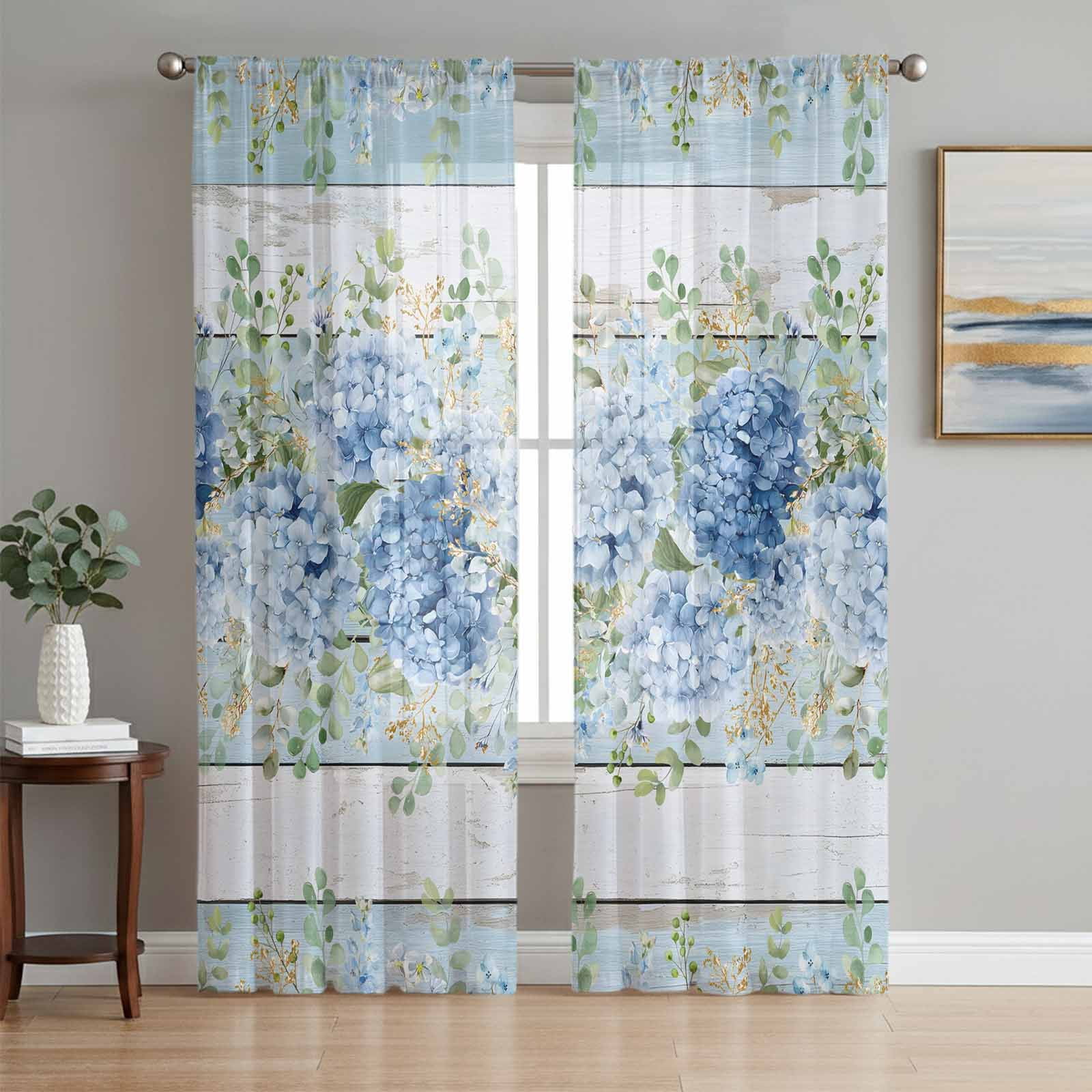 Blue Flower Sheer Curtains for Living Room Bedroom, Summer Country ...