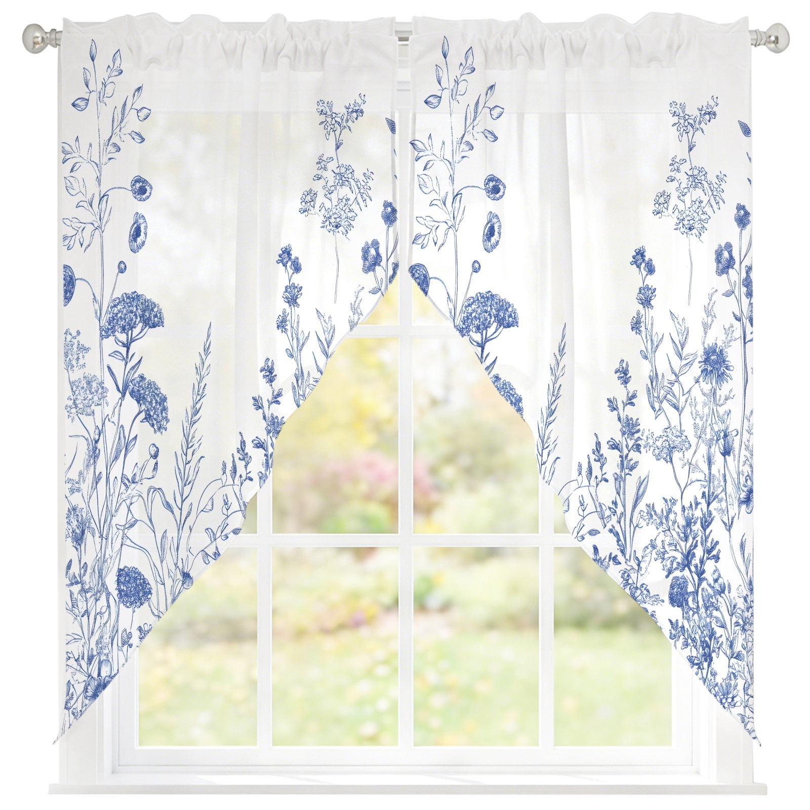 Blue Flower Sheer Curtains Swag Valances for Windows Spring Wildflowers ...