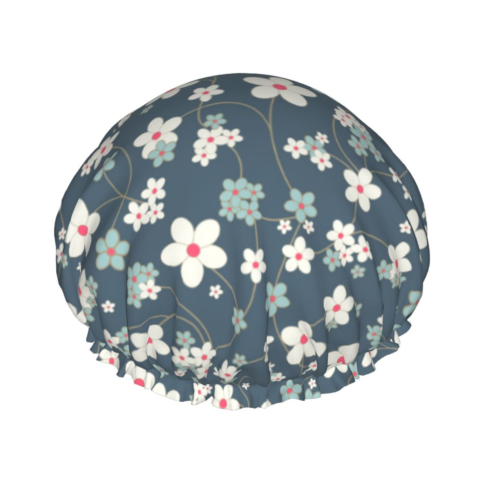 Blue Flower Shower Cap, Reusable Bath Hair Hat for all Hair Lengths ...